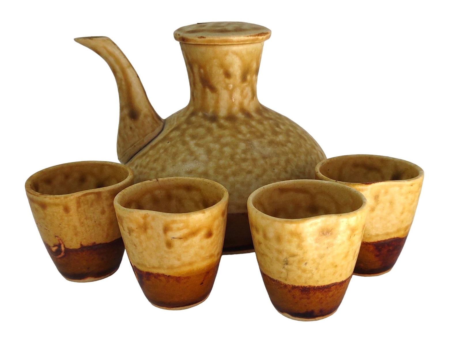 Tea Saki Pot and 4 Matching Cups Art Pottery Yellow and Brown Green ...