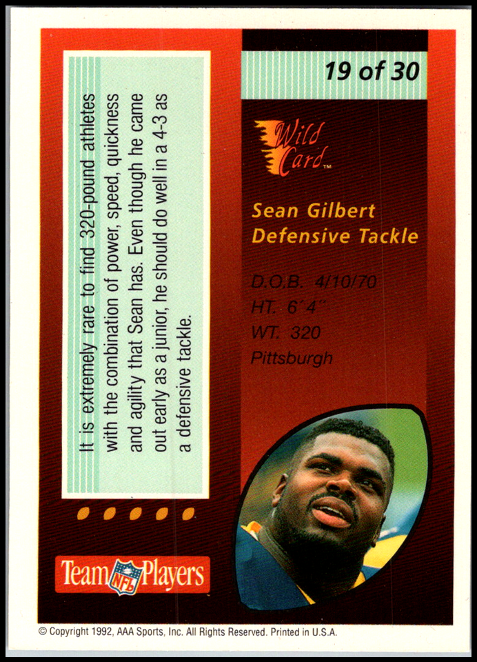 1992 Wild Card #19 Sean Gilbert - Red Hot Rookies FREE SHIPPING! | eBay