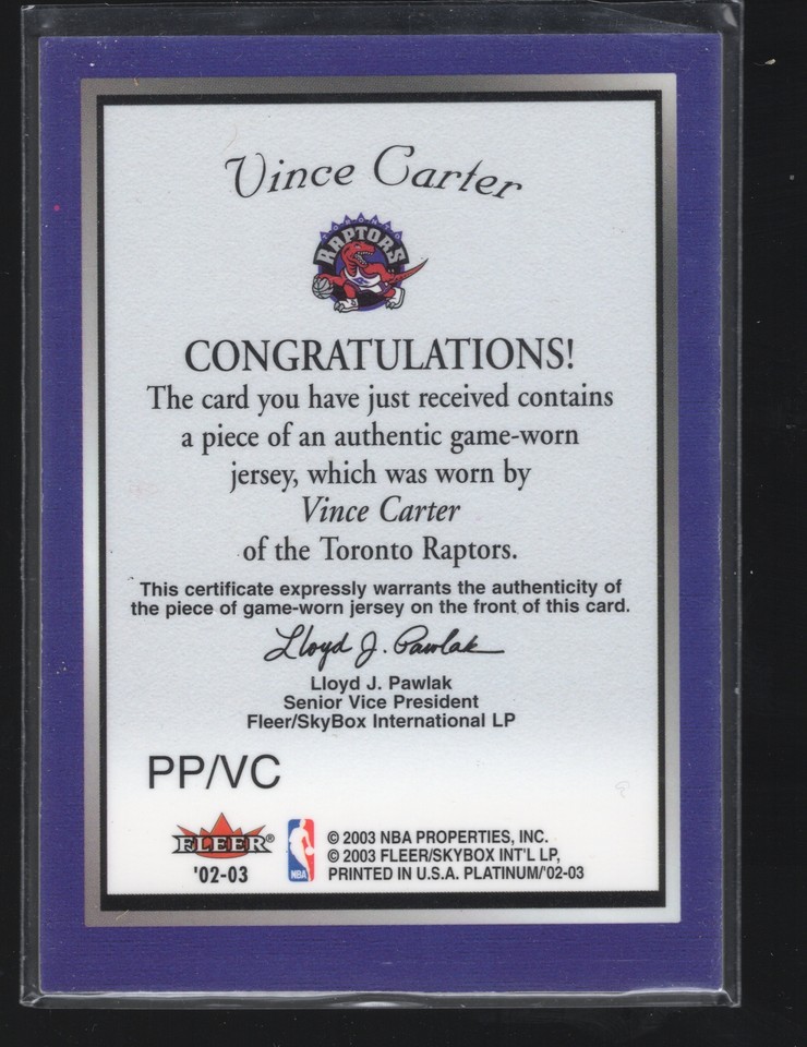 Vince Carter 2002 Fleer Platinum #PP/VC Toronto Raptors Game Worn ...