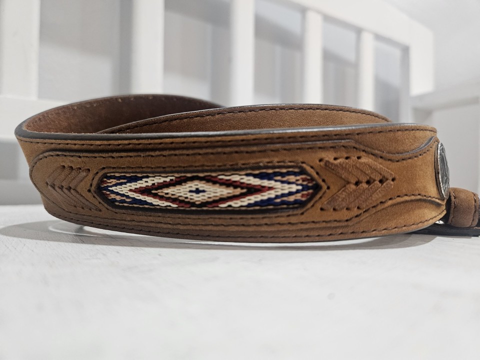 Vtg Orvis Mens Leather Belt With Buffalo Nickel & Woven Accents, Sz 42 ...