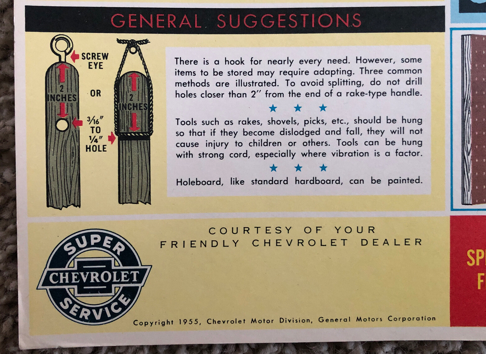 CHEVROLET SUPER SERVICE 1955 PEGBOARD 16”x11” chart poster GM ...