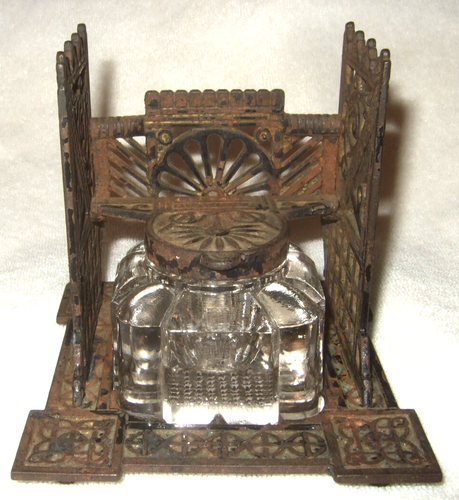 Antique Victorian Cast Iron Glass Inkwell Pen Racks Estate Heirloom | eBay