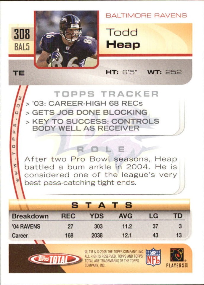 2005 Topps Total #308 Todd Heap | eBay