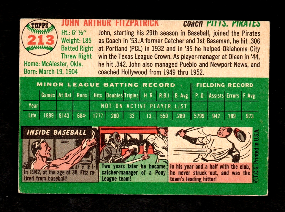 1954 Topps #213 John Fitzpatrick Pittsburgh Pirates Coach Rookie RC | eBay