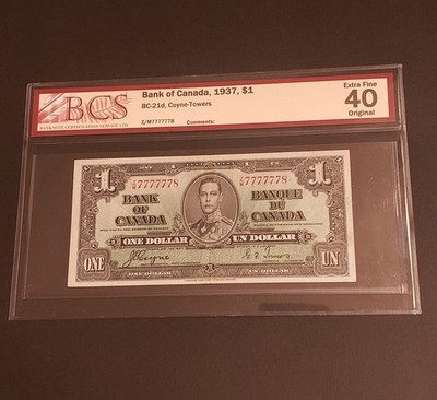 RARE ALMOST SOLID SERIAL NUMBER 1937 Bank of Canada $1 Banknote. BCS ...
