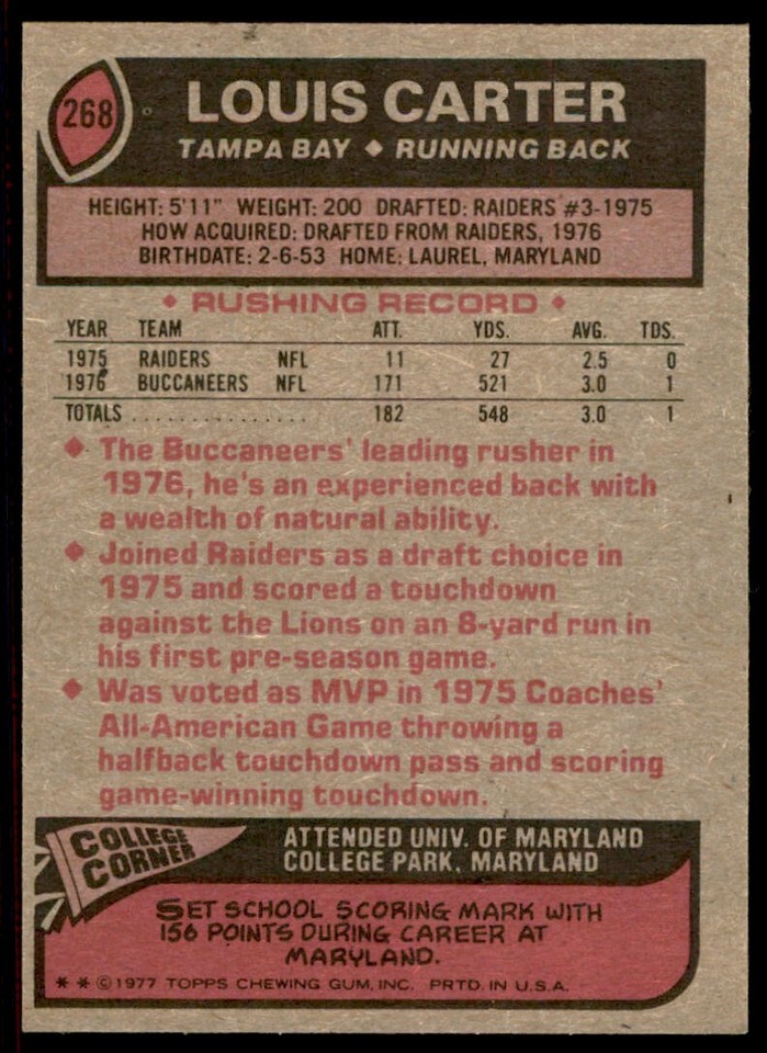1977 Topps Louis Carter Rookie Football Card Tampa Bay Buccaneers #268 ...