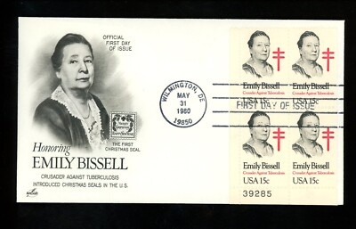 US FDC #1823 Artcraft 1980 DE Emily Bissell Christmas Seals HC Plate ...