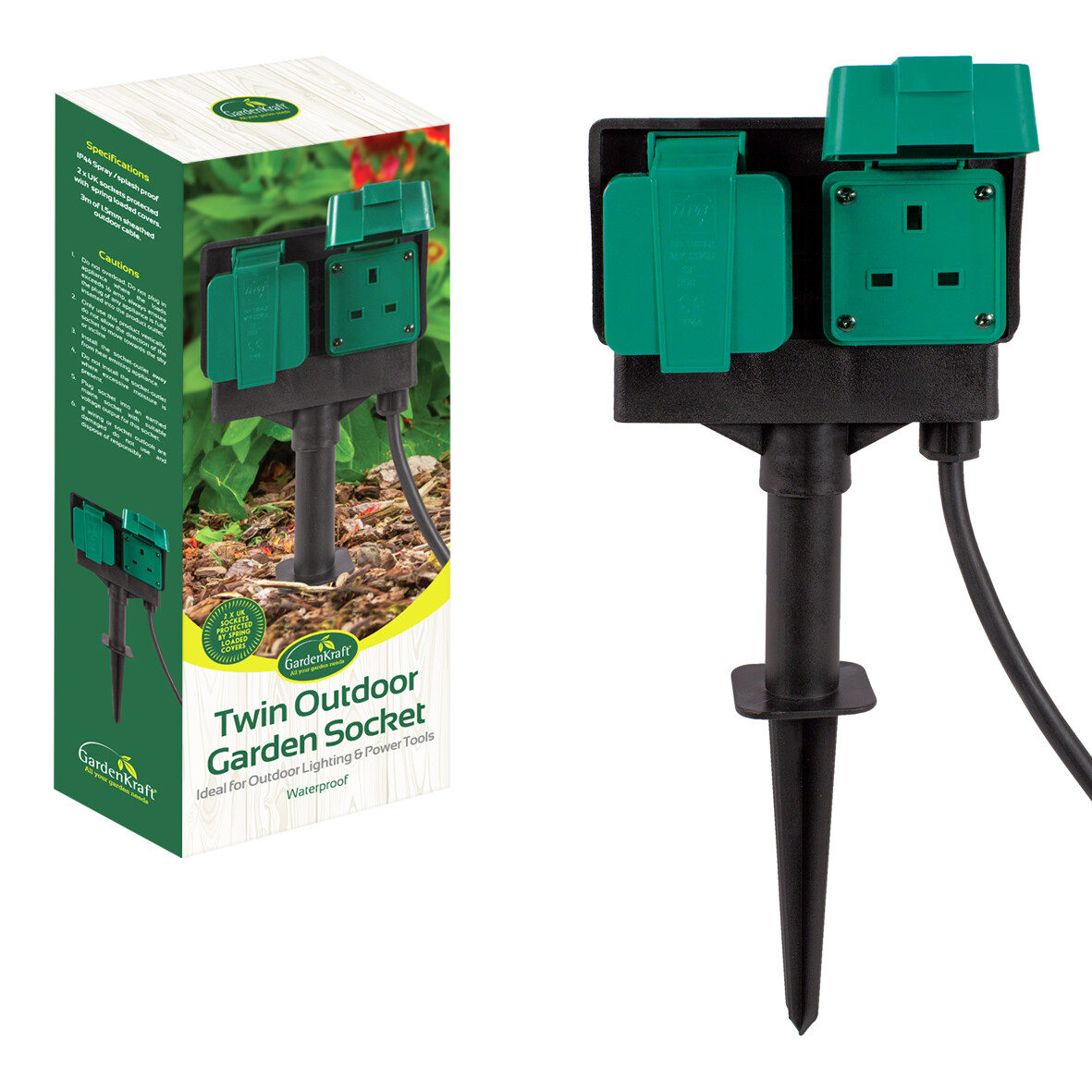 Outdoor Garden Sockets 3m Cable Extension IP44 Z Twin Sockets Spike ...