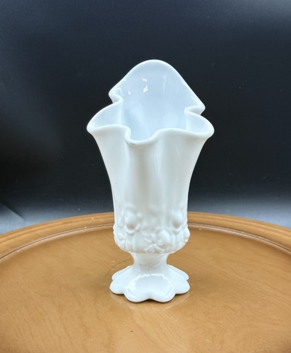Vintage Fenton White Milk Glass Handkerchief Style Vase W/Embossed Rose ...