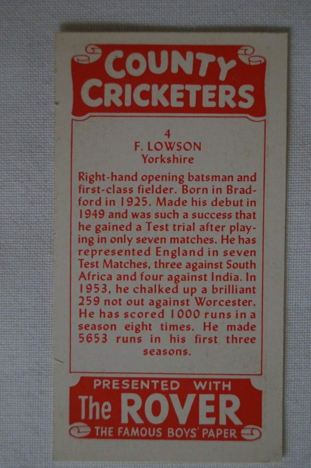 County Cricketers Vintage 1957 The Rover Cricket Card-F.Lowson ...