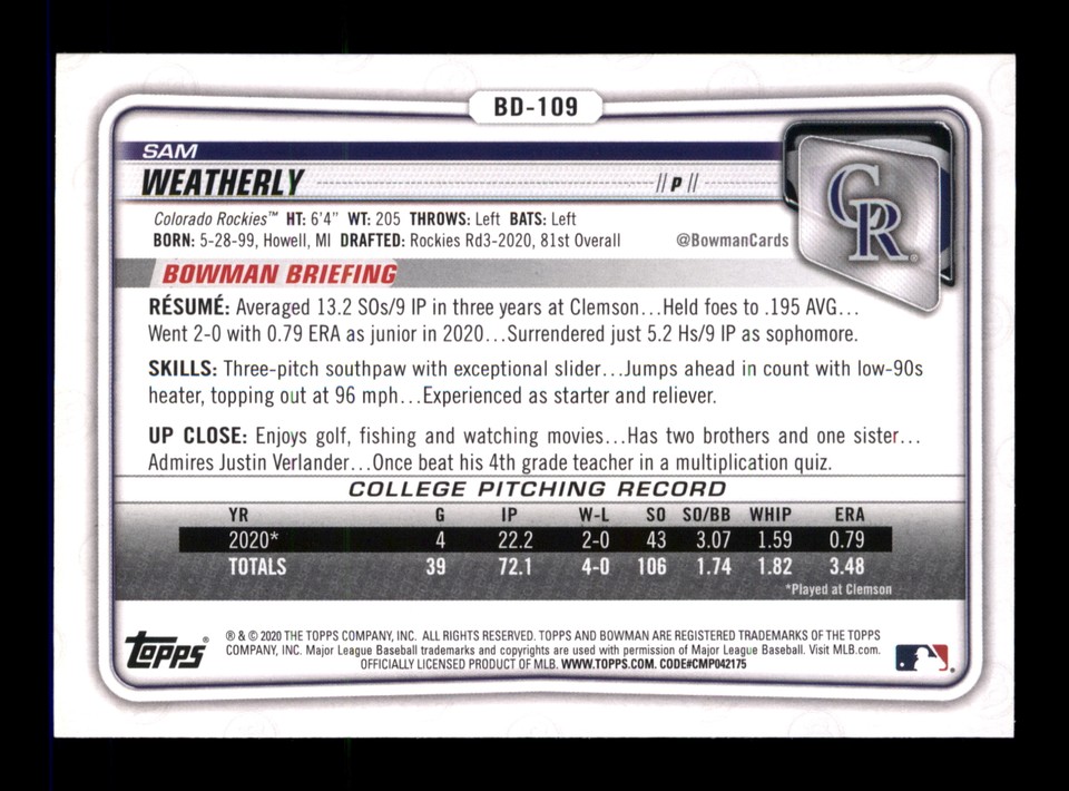 2020 1st Bowman Draft #BD-109 Sam Weatherly Colorado Rockies | eBay