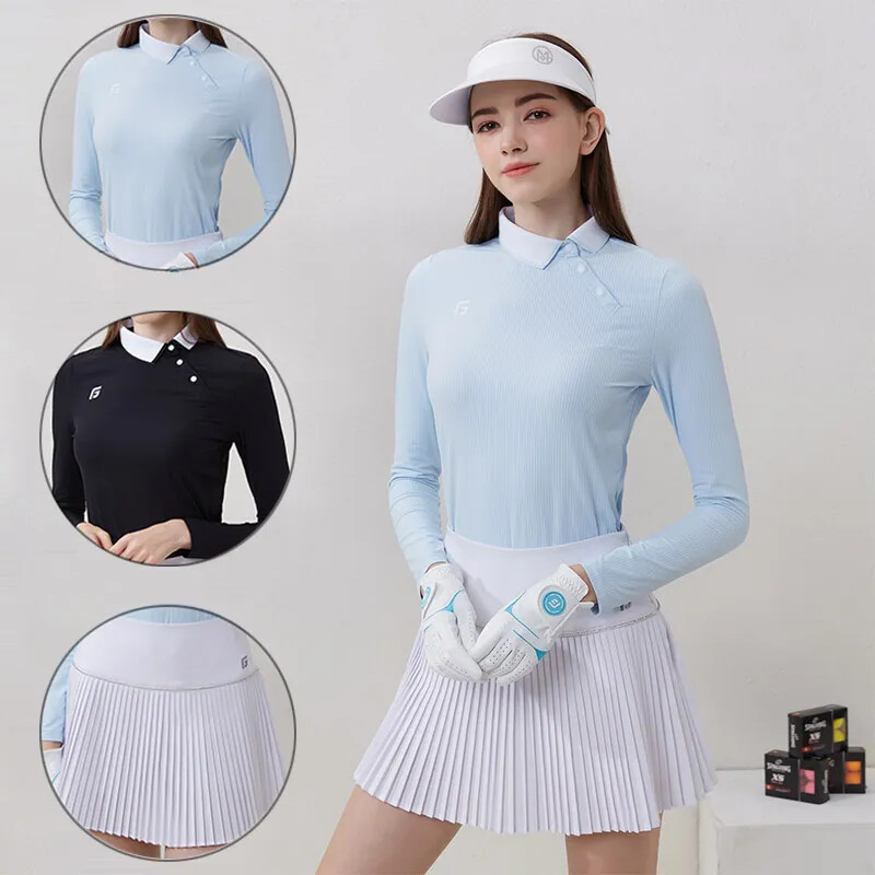 Golfist Women Stripe Mandarin Collar Golf Shirt Lady Slim Pleated Skirt ...