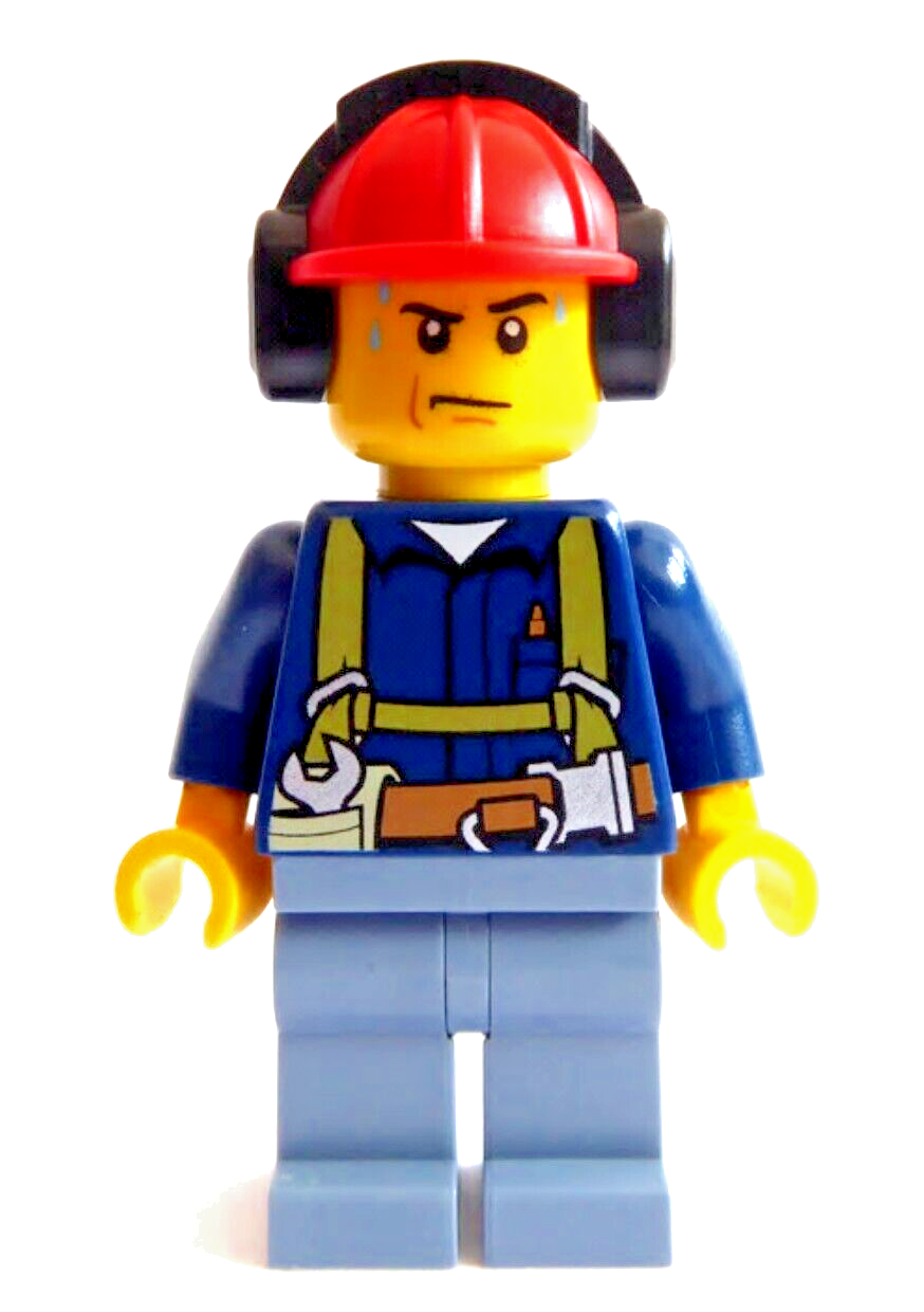 LEGO Construction Worker with Sweaty Face and Earmuffs Minifigure ...