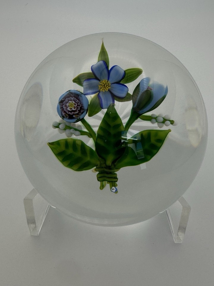 Debbie Tarsitano Blue Floral Bouquet Glass Paperweight With Signature ...