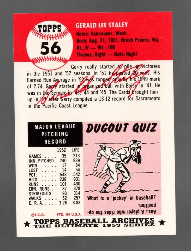 1991 Topps Archives 1953 #56 Jerry Staley Mint | eBay