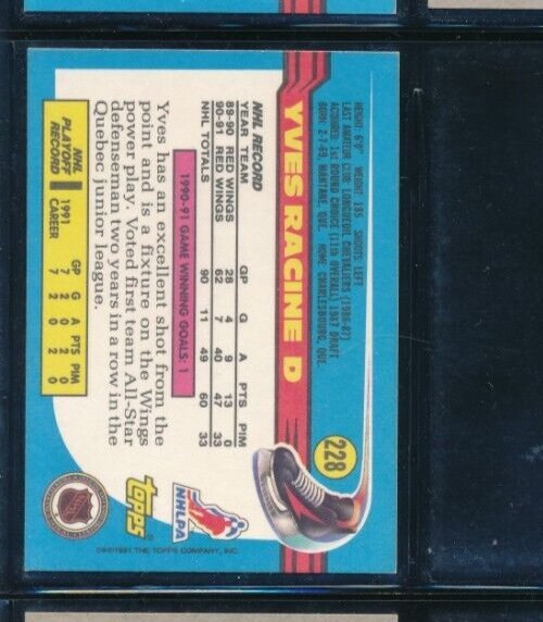 1991-92 Topps #228 Yves Racine Red Wings Signed Autograph (FH67) SWSW6 ...