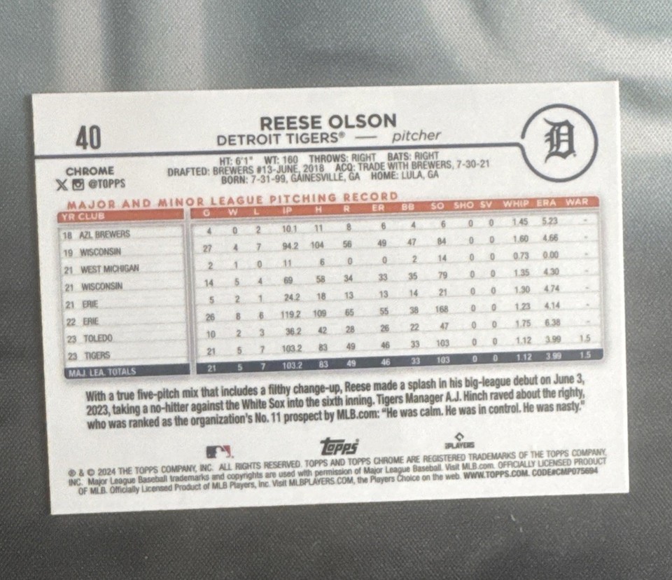 2024 Topps Chrome Reese Olson Purple Refractor /250 #40 Tigers RC | eBay