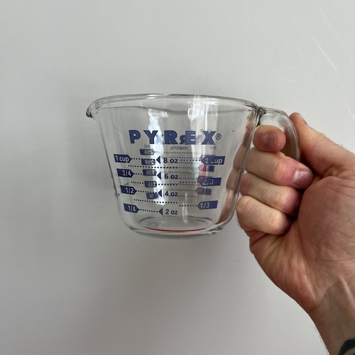 Pyrex Measuring Cup Open Handle 8 Oz Clear Blue Letters Metric Standard ...