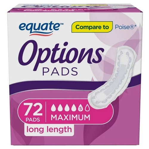 Equate Options Women's Incontinence Pads, Maximum Absorbency , 72 Count ...