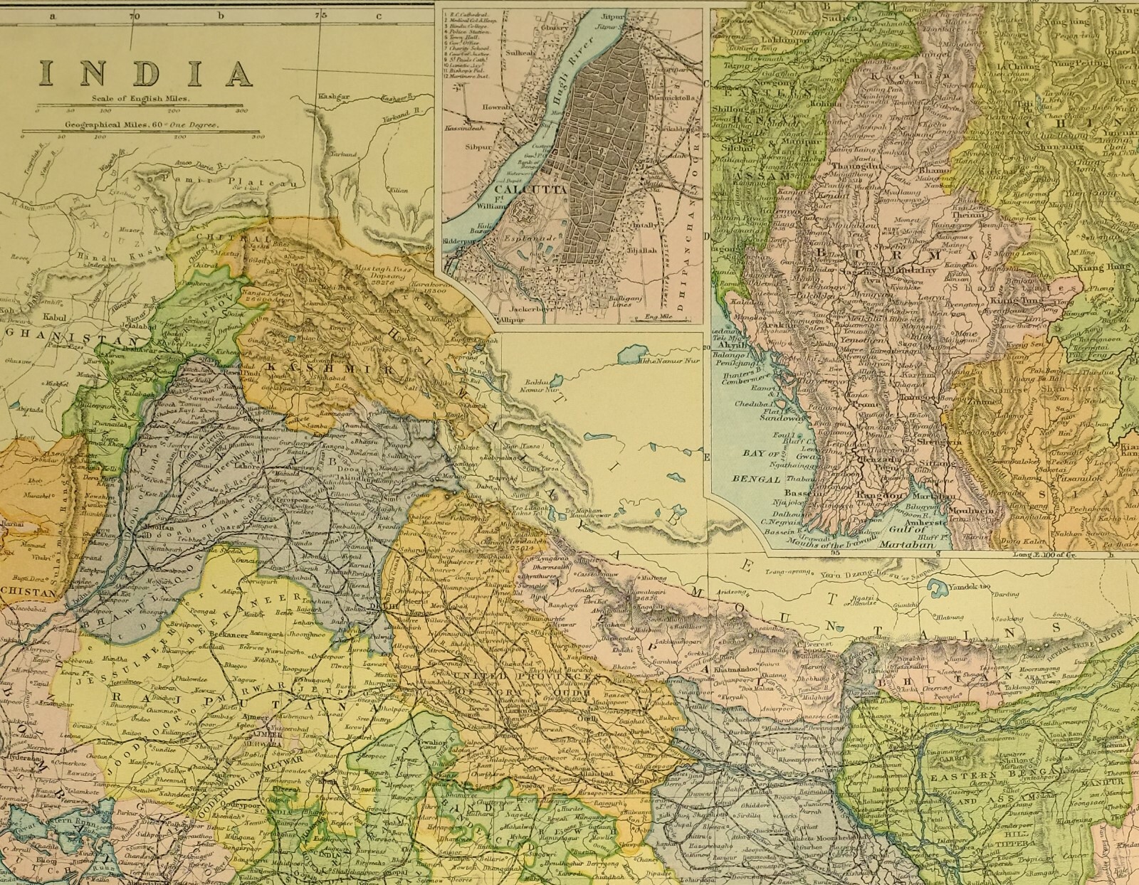1912 LARGE ANTIQUE MAP INDIA CEYLON CALCUTTA BURMA BOMBAY MADRAS MYSORE ...