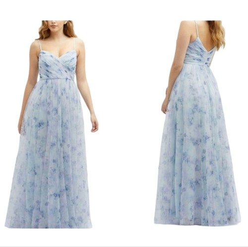 NWT Dessy Collection Tulle Floral Print Gown Maxi Dress Blue Mist ...