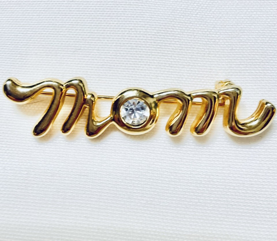Mothers Brooch Pin MOM Hand Written Crystal Gemstone Center Gold Tone 2 ...