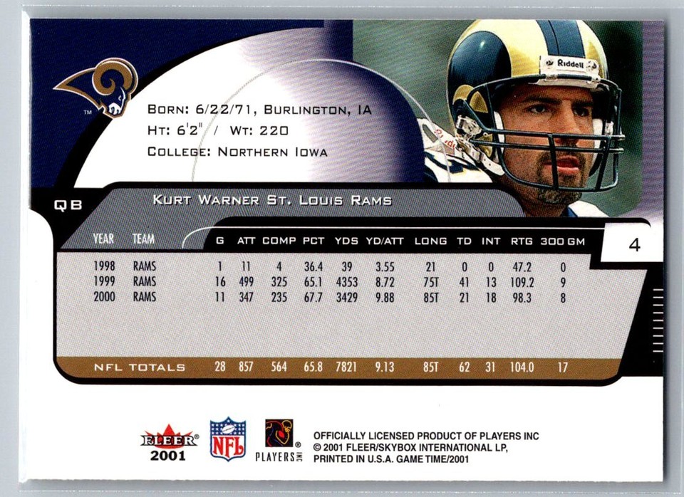 2001 Fleer Game Time #4 Kurt Warner St. Louis Rams Football Card | eBay