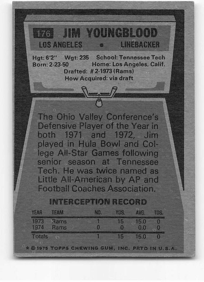 1975 Topps #176 Jim Youngblood VG/EX Very Good/Excellent RC Rookie LA ...