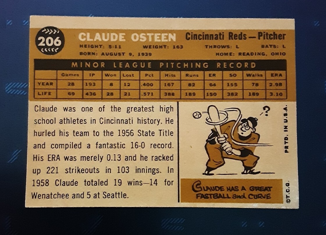 ⚾️ 1960 Topps #206 CLAUDE OSTEEN CINCINNATI REDS EXNM ⚾️ | eBay