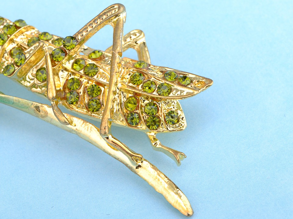 Fashion Golden Green Diamante Rhinestone Leaf Grasshopper Locust Pin ...