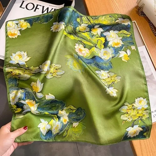 100% Silk Scarf Women Fashion Green Flower Kerchief Small Square ...