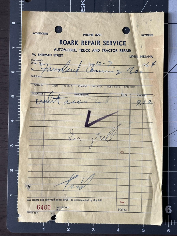 Lynn Indiana Billhead Roark Repair Service Tractor Repair Receipt ...