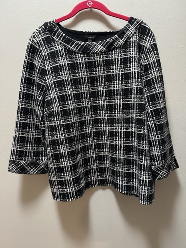 Talbots Ponte Knit Top Women’s Black White Plaid 3/4 Sleeve XLP | eBay