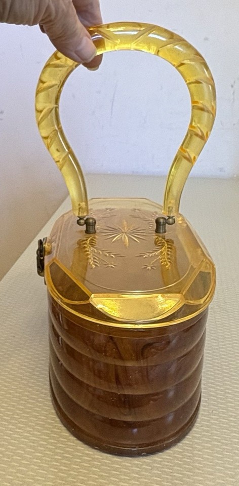 50s vintage Lucite Plastic Box Purse Clear Honey Amber Reverse Carved ...