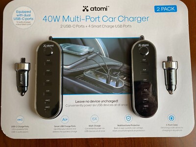 NEW Atomi 40W Multi-port Car Charger With 2 USB-C and 4 USB ports Model ...