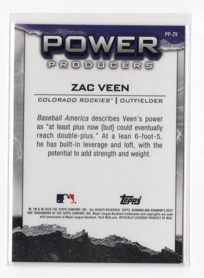 Baseball Card - 2020 Zac Veen PP-ZV - Colorado Rockies Bowman Power ...
