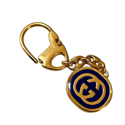 GUCCI Interlocking G Bag Charm Keyring Key Chain Gold Navy Italy ...