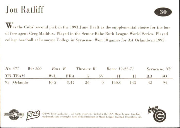 1996 Iowa Cubs Best #30 Jon Ratliff Syracuse New York NY Baseball Card ...