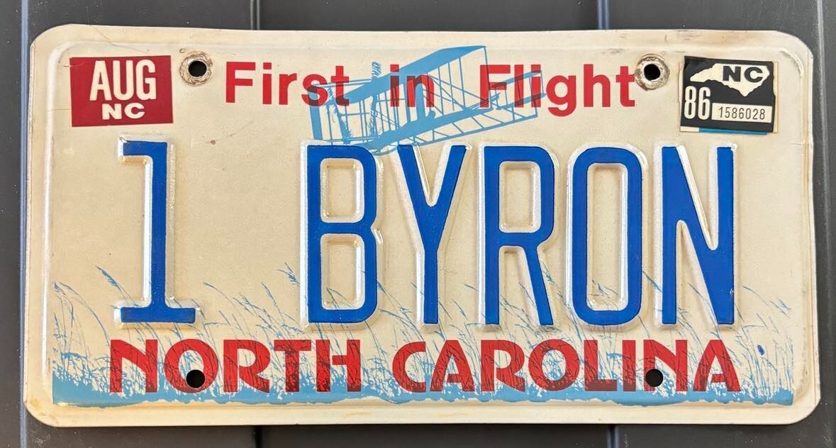 North Carolina VANITY License Plate 1 BYRON | eBay