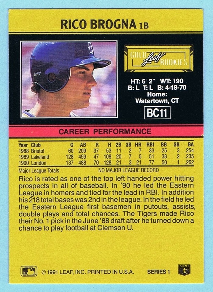 1991 LEAF GOLD ROOKIES BASEBALL BC11 RICO BROGNA - DETROIT TIGERS | eBay