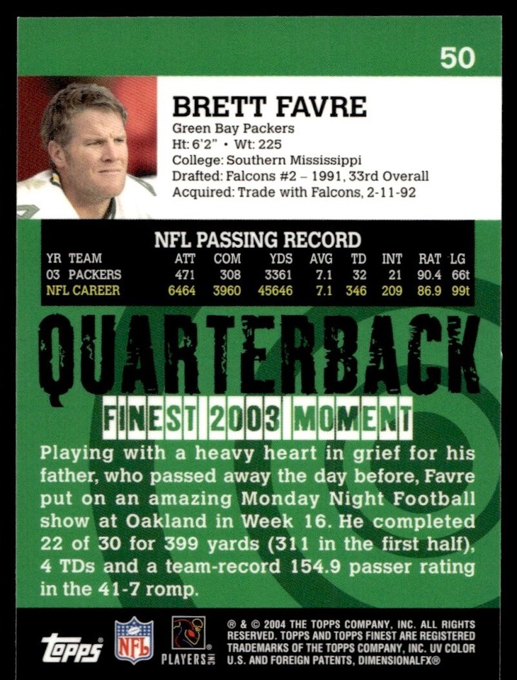 2004 Topps Finest Brett Favre Z2 Green Bay Packers #50 | eBay