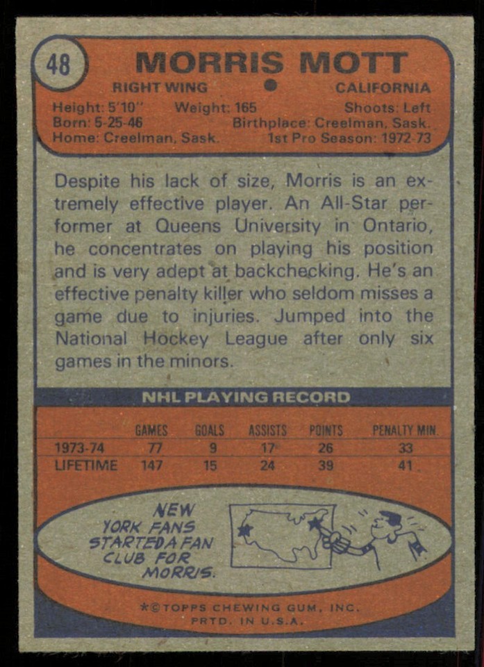 1974-75 TOPPS MORRIS MOTT RC CALIFORNIA GOLDEN SEALS #48 EXMT-NM | eBay