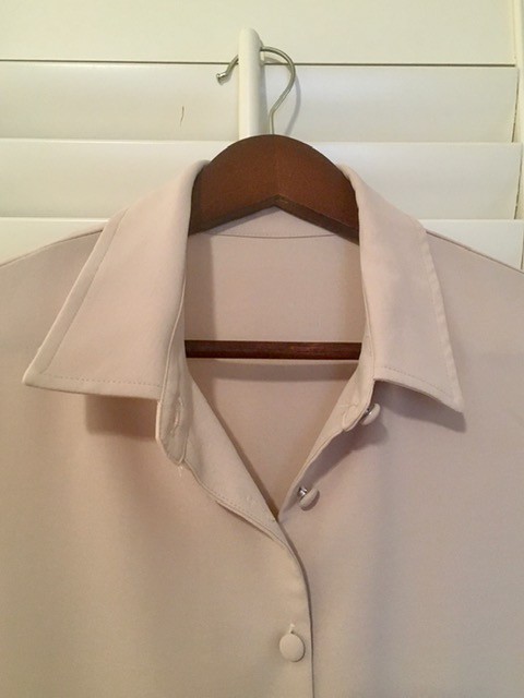 Beige Long-Sleeve Collared Shirt w/ Covered Buttons & Tiered Peplum Cut ...