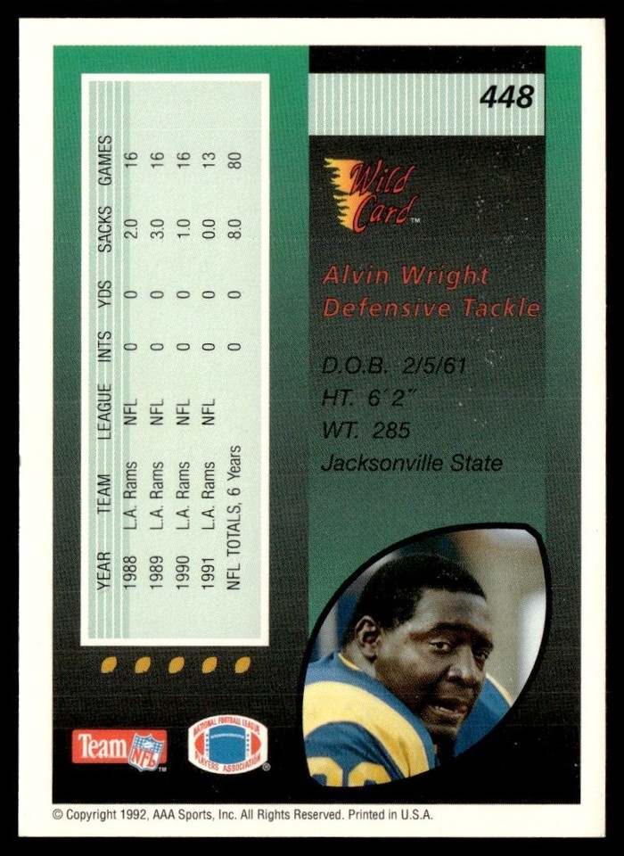 1992 Wild Card Alvin Wright Los Angeles Rams #448 | eBay