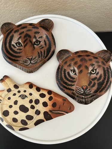 RARE* Handmade Wood Coaster Set Of 3 Bar Drink African Safari Animals ...