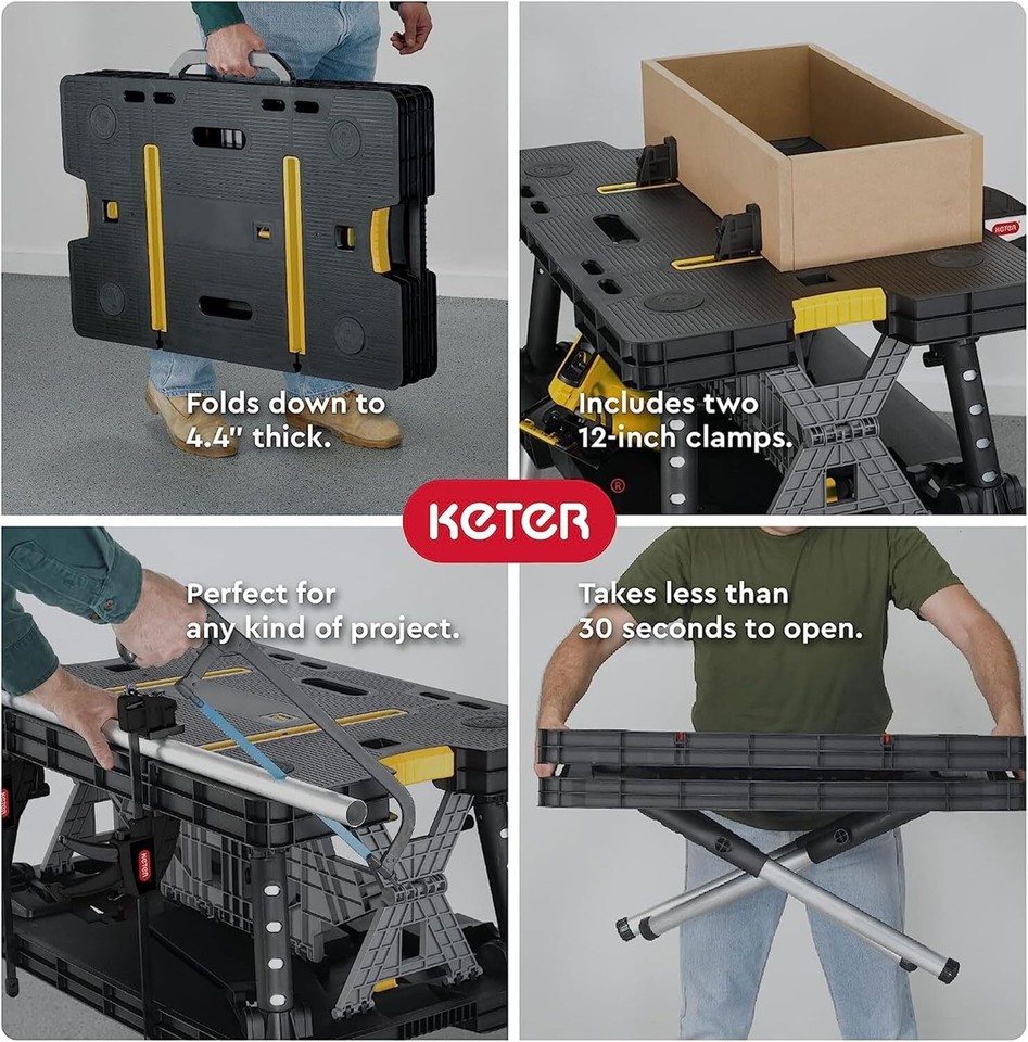 Keter Folding Work Table, Portable Workbench w/ 12" Clamps for Garage ...