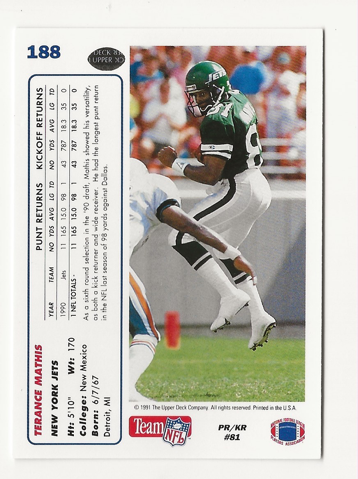 Terance Mathis 1991 Upper Deck Football card #188 Auto Autographed ...