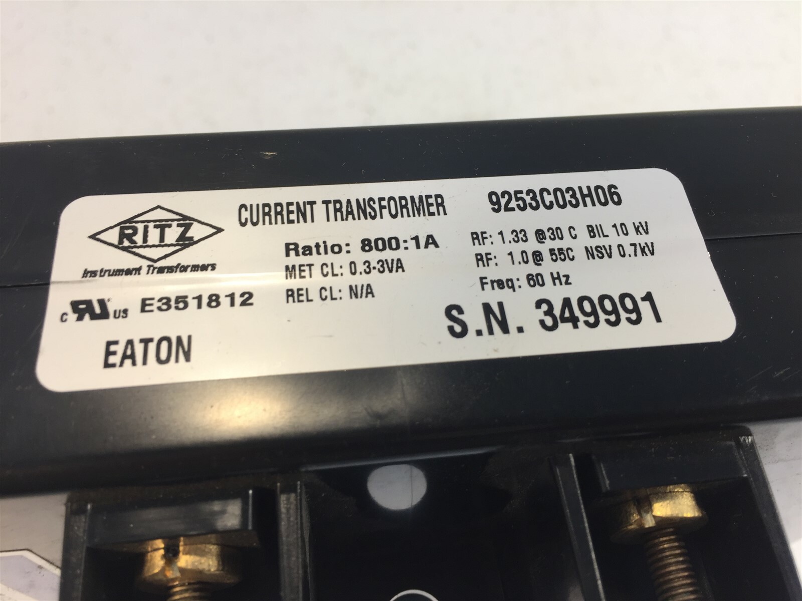 Ritz Instrument Transformers 9253C03H06 Current Transformer 800:1A ...
