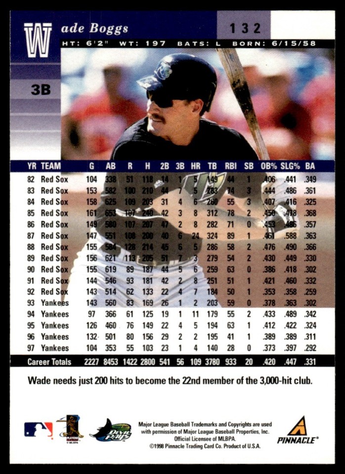 1998 Pinnacle Plus Wade Boggs Tampa Bay Devil Rays #132 | eBay