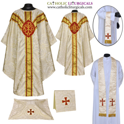 New Gold Clergy gothic vestment chasuble stole & 5pc mass set, casula ...